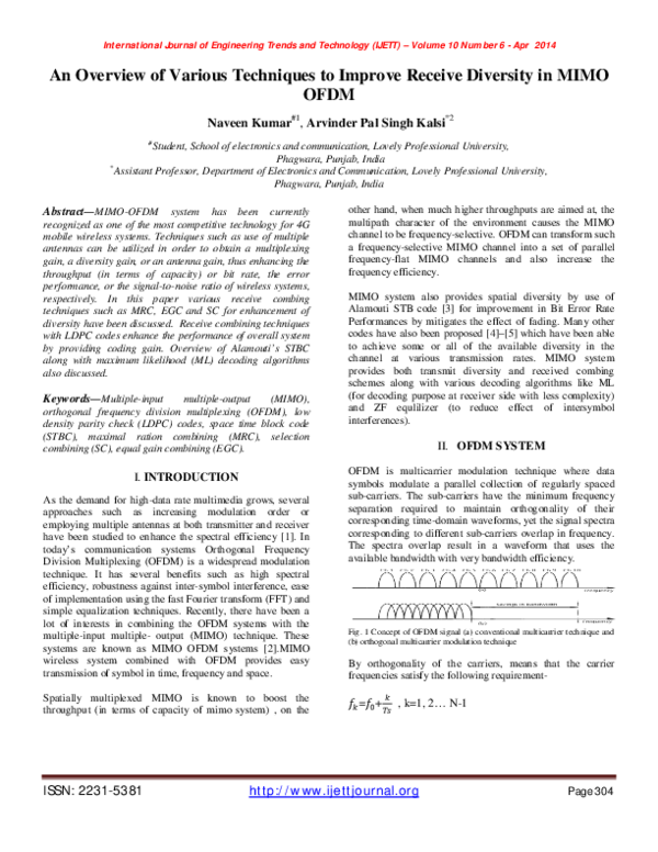 (PDF) An Overview of Various Techniques to Improve Receive Diversity in MIMO OFDM