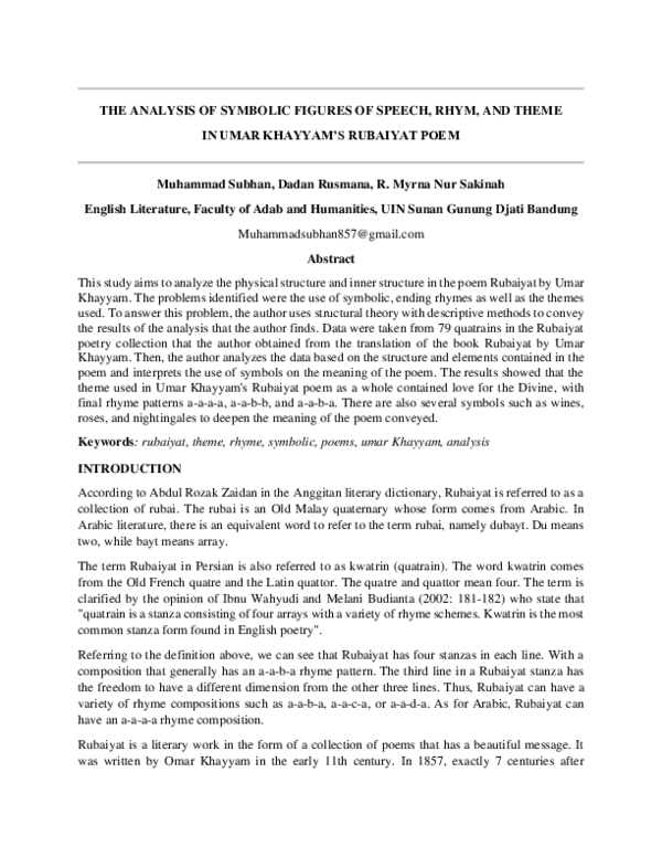 (PDF) THE ANALYSIS OF SYMBOLIC FIGURES OF SPEECH, RHYM, AND THEME IN UMAR KHAYYAM'S RUBAIYAT POEM