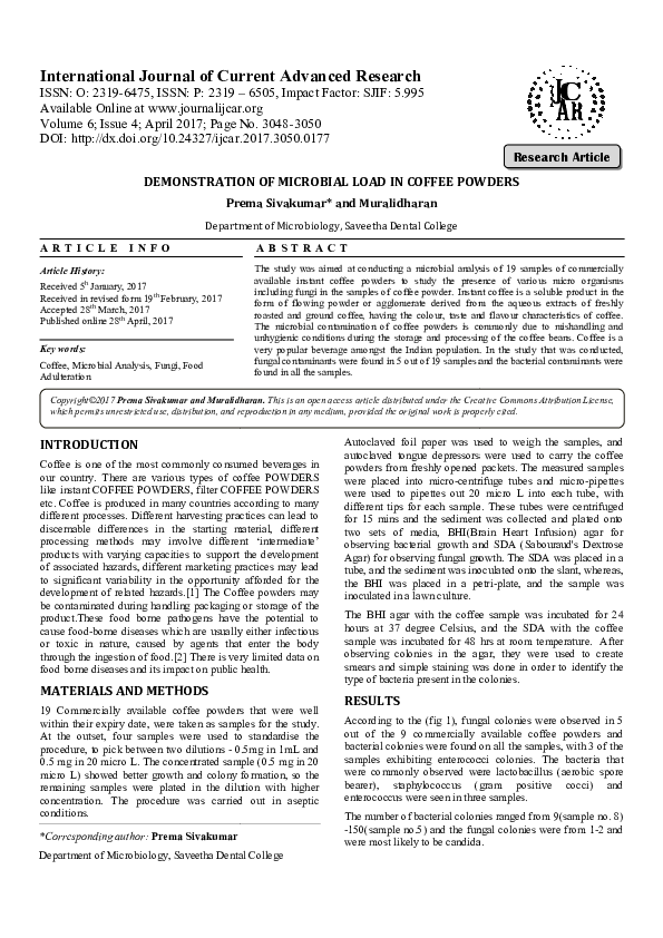 (PDF) Demonstration of microbial load in coffee powders