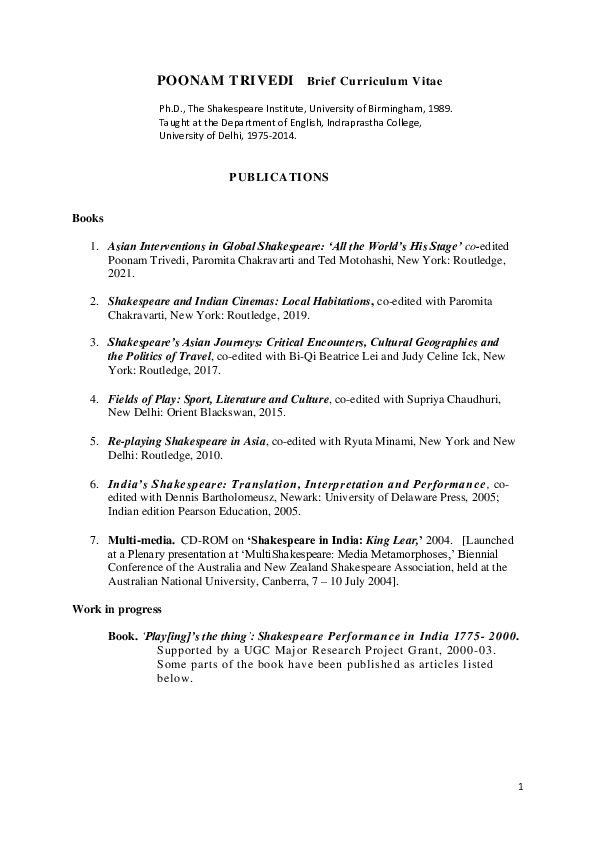 (PDF) POONAM TRIVEDI Curriculum Vitae
