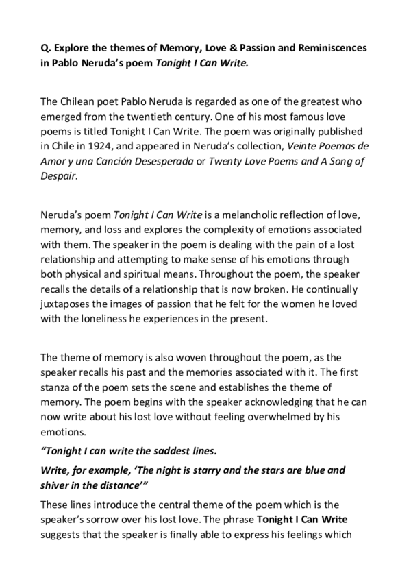 (PDF) Q. Explore the themes of Memory, Love & Passion and Reminiscences ...