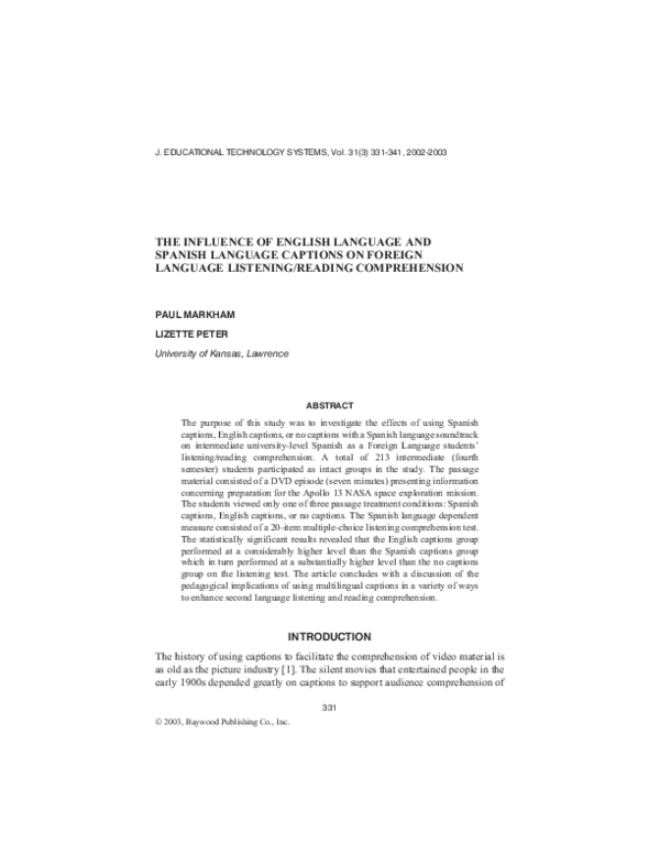 (PDF) The Influence of English Language and Spanish Language Captions on Foreign Language ...