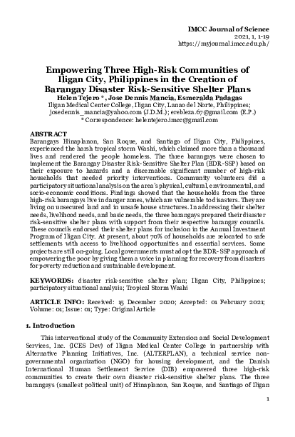(PDF) Empowering Three High-Risk Communities of Iligan City ...
