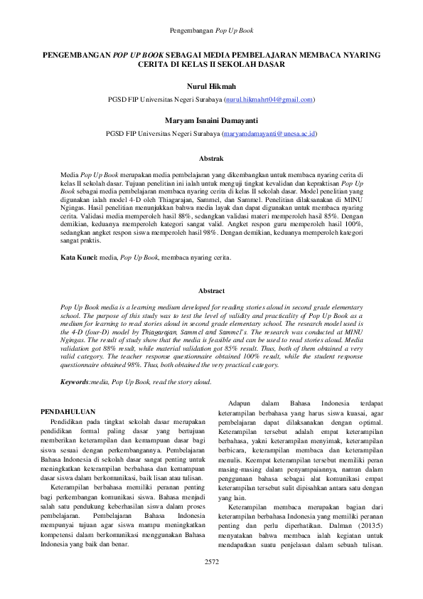(PDF) Pengembangan Pop Up Book sebagai Media Pembelajaran Membaca Nyaring Cerita di Kelas II ...