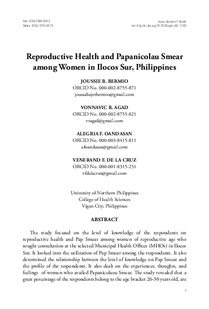 (PDF) Reproductive Health and Papanicolau Smear Among Women in Ilocos ...