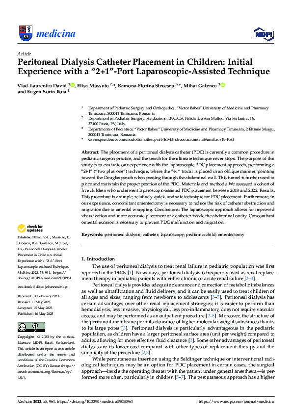 (PDF) Peritoneal Dialysis Catheter Placement in Children: Initial ...