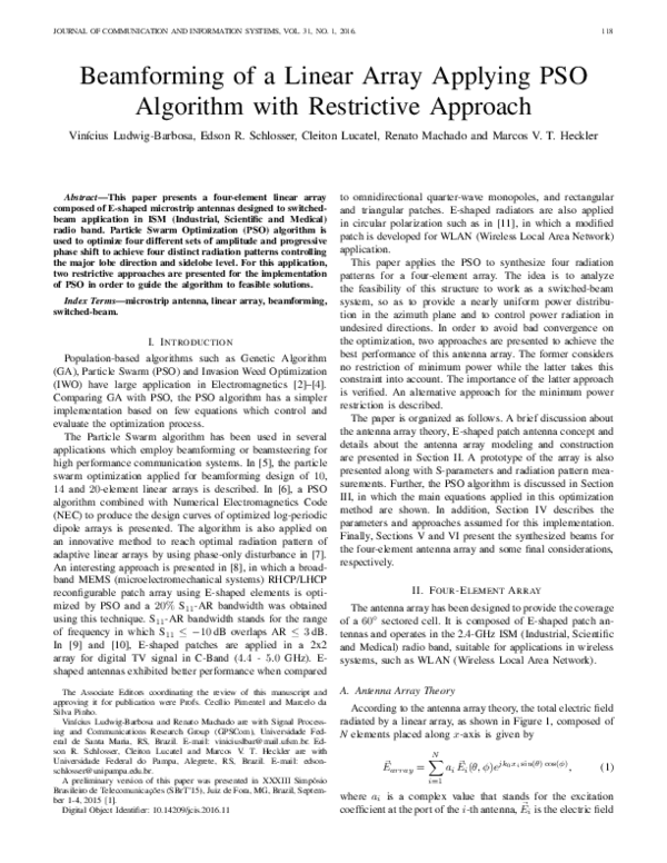 Pdf Beamforming Of A Linear Array Applying Pso Algorithm With Restrictive Approach