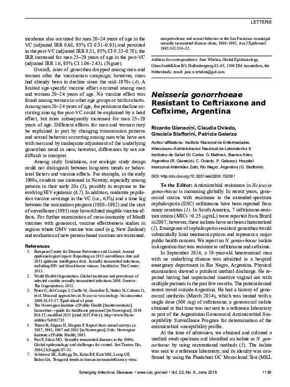 (PDF) Neisseria gonorrhoeaeResistant to Ceftriaxone and Cefixime, Argentina
