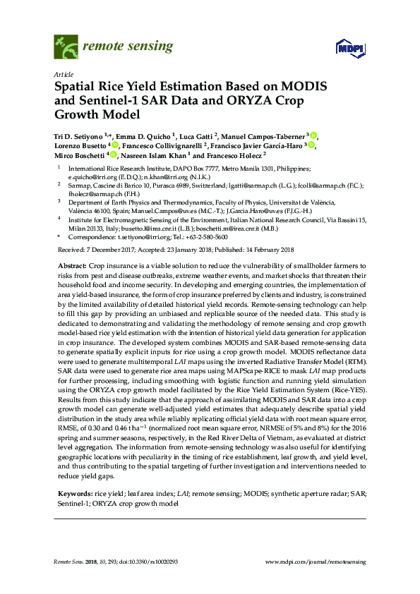 Pdf Spatial Rice Yield Estimation Based On Modis And Sentinel 1 Sar