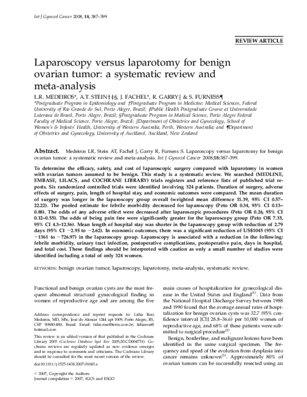 (PDF) Laparoscopy versus laparotomy for benign ovarian tumor: a systematic review and meta ...