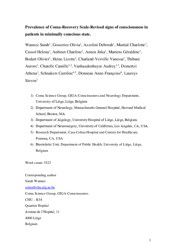 Pdf Prevalence Of Coma Recovery Scale Revised Signs Of Consciousness