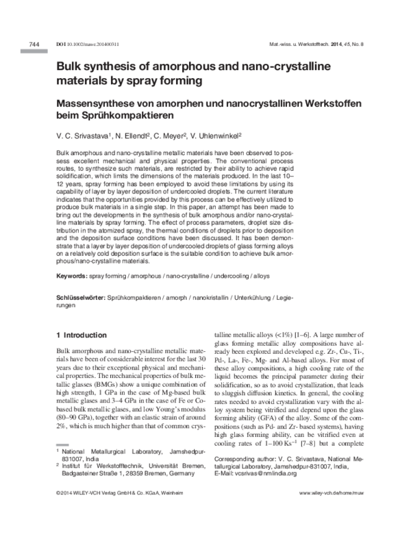 (PDF) Bulk synthesis of amorphous and nano-crystalline materials by spray forming
