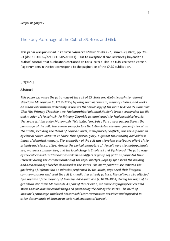 (PDF) The Early Patronage of the Cult of SS. Boris and Gleb (Corrected ...