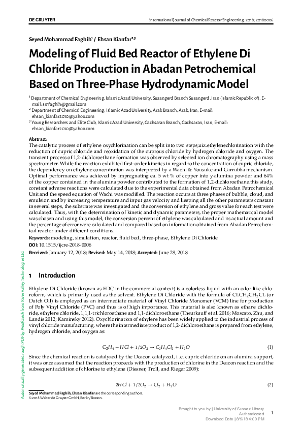 (PDF) Modeling of Fluid Bed Reactor of Ethylene Di Chloride Production ...