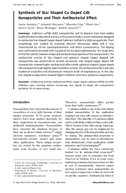 (PDF) Synthesis of Star Shaped Cu Doped CdS Nanoparticles and Their Antibacterial Effect