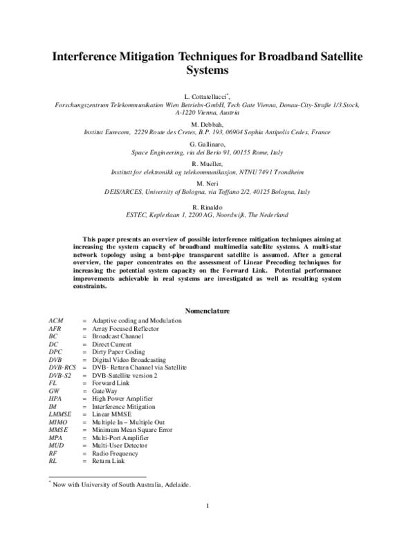 (PDF) Interference Mitigation Techniques for Broadband Satellite Systems