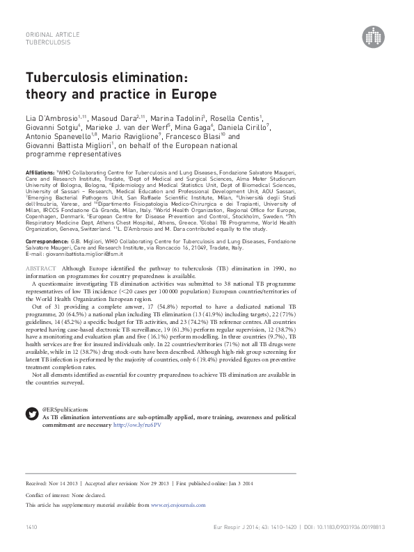 (PDF) Tuberculosis elimination: theory and practice in Europe | Daniela ...