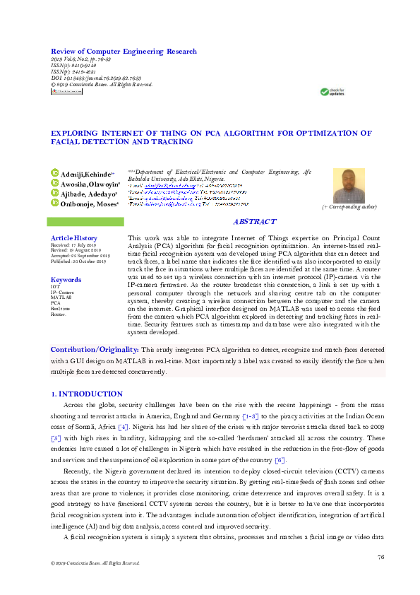 (PDF) Exploring Internet of Thing on PCA Algorithm for Optimization of Facial Detection and Tracking