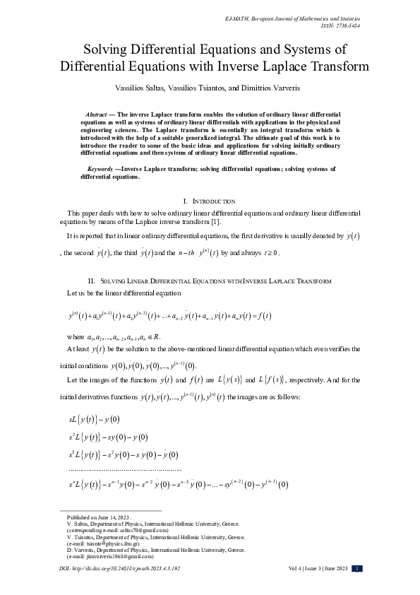 (PDF) Solving Differential Equations and Systems of Differential Equations with Inverse Laplace ...