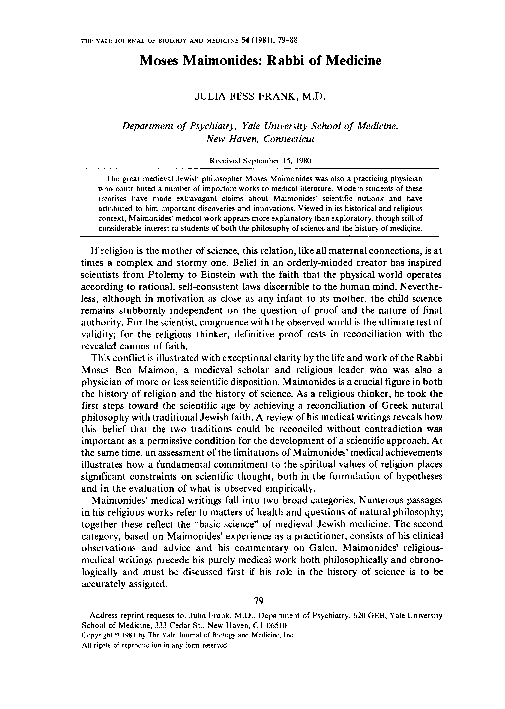 (PDF) Moses Maimonides: rabbi or medicine