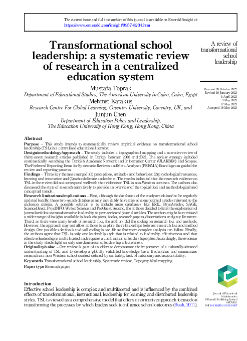 (PDF) Transformational school leadership: a systematic review of research in a centralized ...