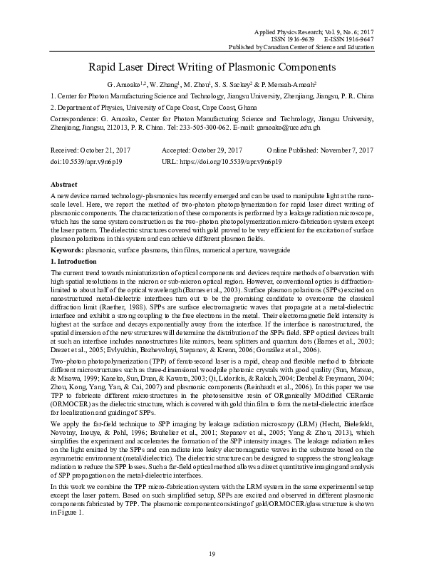 (PDF) Rapid Laser Direct Writing of Plasmonic Components