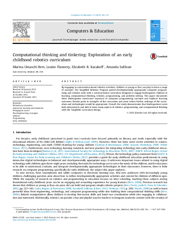 (PDF) Computational thinking and tinkering: Exploration of an early childhood robotics curriculum
