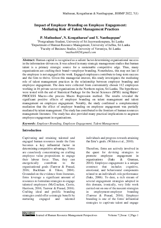 (PDF) Impact of Employer Branding on Employee Engagement: Mediating Role of Talent Management ...