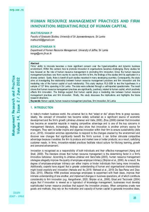 (PDF) HUMAN RESOURCE MANAGEMENT PRACTICES AND FIRM INNOVATION: MEDIATING ROLE OF HUMAN CAPITAL