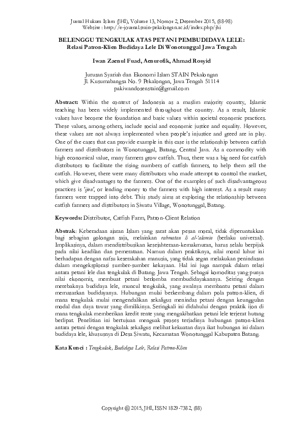(PDF) BELENGGU TENGKULAK ATAS PETANI PEMBUDIDAYA LELE: Relasi Patron ...