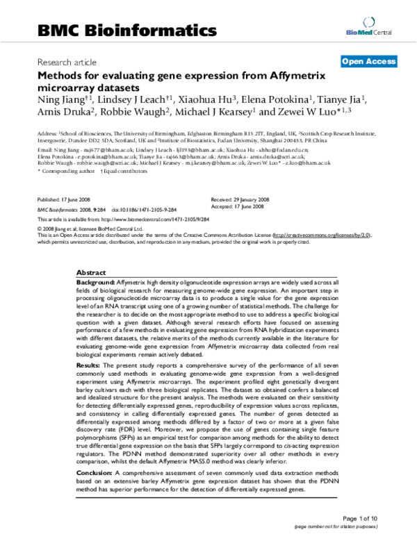 (PDF) Methods for evaluating gene expression from Affymetrix microarray datasets