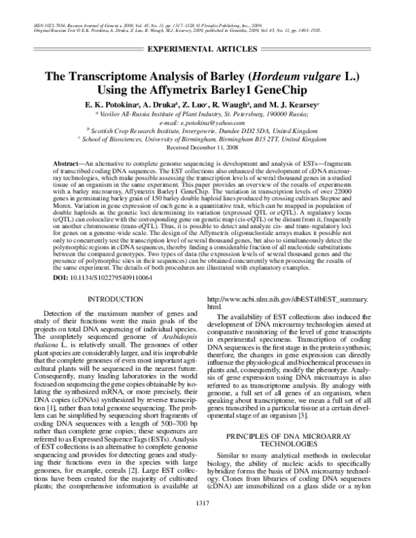 (PDF) The transcriptome analysis of barley (Hordeum vulgare L.) using ...