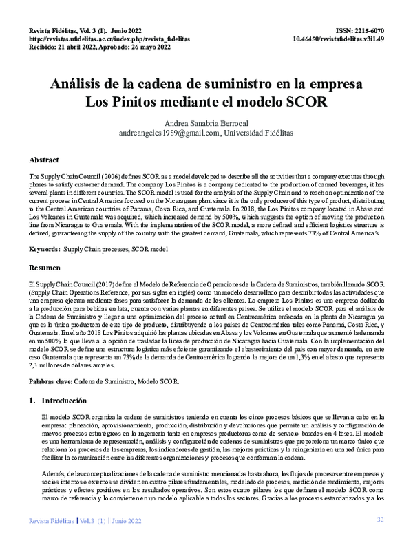 (PDF) Análisis de la cadena de suministro en la empresa Los Pinitos mediante el modelo SCOR