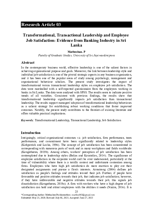 (PDF) Transformational, Transactional Leadership and Employee Job Satisfaction: Evidence from ...