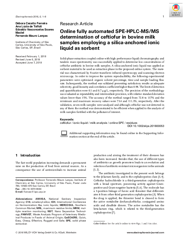 (PDF) Online fully automated SPE-HPLC-MS/MS determination of ceftiofur in bovine milk samples ...