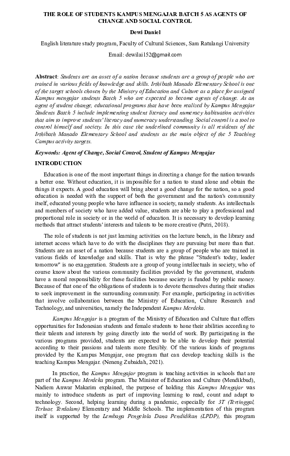 (DOC) THE ROLE OF STUDENTS KAMPUS MENGAJAR BATCH 5 AS AGENTS OF CHANGE ...