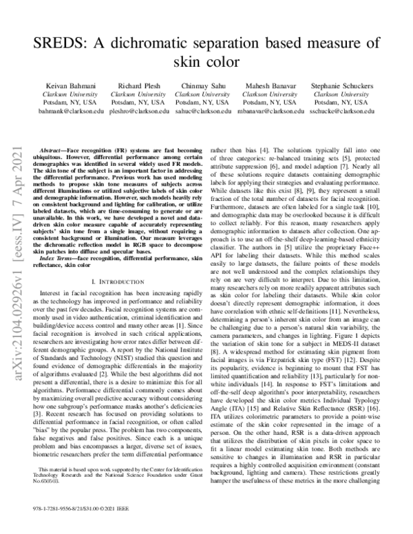 (PDF) SREDS: A dichromatic separation based measure of skin color