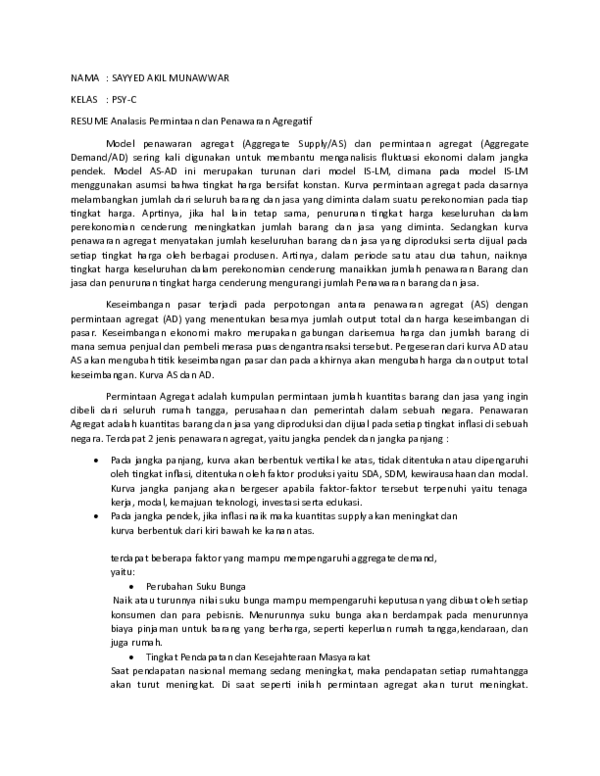 (DOC) Analasis Permintaan dan Penawaran Agregat