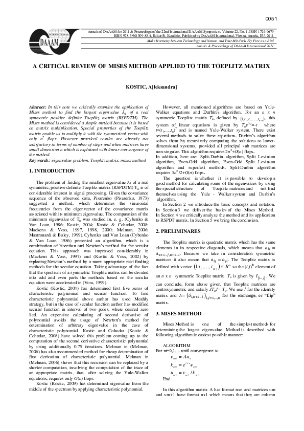 Pdf A Critical Review Of Mises Method Applied To The Toeplitz Matrix