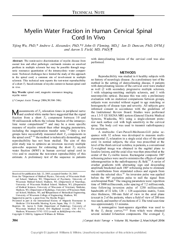 (PDF) Myelin Water Fraction in Human Cervical Spinal Cord In Vivo
