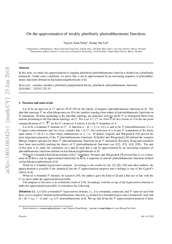 (PDF) On the approximation of weakly plurifinely plurisubharmonic functions