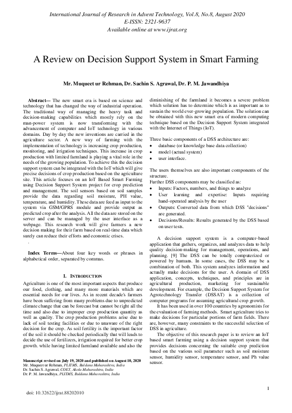 (PDF) A Review on Decision Support System in Smart Farming