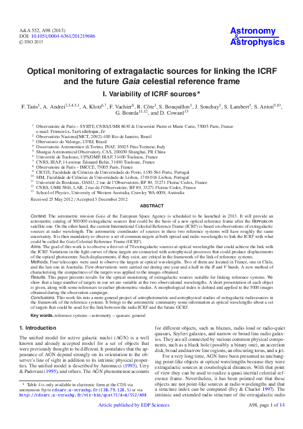 (PDF) Optical monitoring of extragalactic sources for linking the ICRF ...