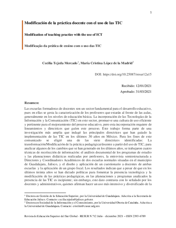 (PDF) Modificación de la práctica docente con el uso de las TIC
