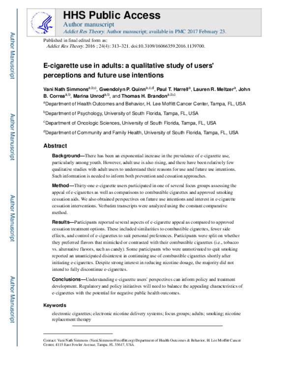 (PDF) E-cigarette use in adults: a qualitative study of users’ perceptions and future use intentions