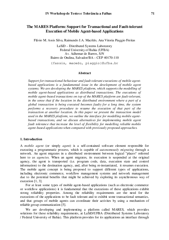 (PDF) The MARES Platform: Support for Transactional and Fault-tolerant Execution of Mobile Agent ...