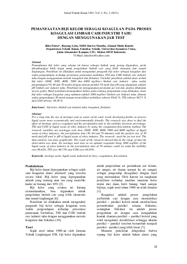 (PDF) Pemanfaatan Biji Kelor Sebagai Koagulan Pada Proses Koagulasi Limbah Cair Industri Tahu ...
