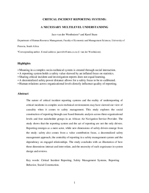 (PDF) Critical incident reporting systems: A necessary multilevel ...