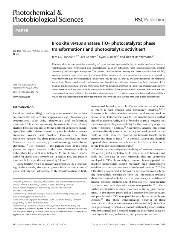 (PDF) Brookite versus anatase TiO2 photocatalysts: phase transformations and photocatalytic ...