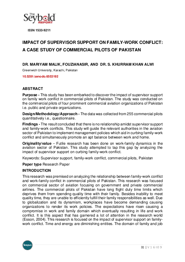 (PDF) Impact of Supervisor Support on Family-Work Conflict: A Case Study of Commercial Pilots of ...